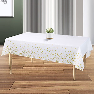 LCPCX 3-Piece Disposable Plastic Rectangle Tablecloth,Fitted Table Clothes for 6 Foot and 8 Foot Tables,Gold Star Pattern Party Decorations,54x108 Inch,White (Golden Star)