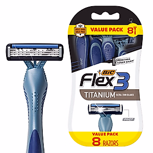 BIC Flex 3 Titanium Men’s Disposable Razors With 3 Blades, Ideal Razor For Face and Body Shaving, 8 Piece Razor Kit for Men