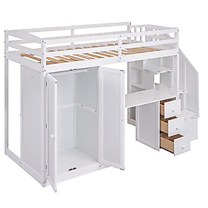 BOVZA Twin Size Loft Bed with Stairs and Wardrobe, Wooden Twin Loft Bed Frame with Desk and Storage Drawers and Cabinet in 1 for Kids Girls Boys Teens, White