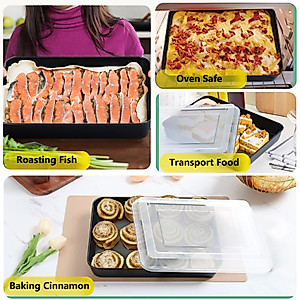 LIANYU 2 Pack Stainless Steel Baking Pan with Lid, 12⅖ x 9¾ x 2 Inch Lasagna Rectangle Cake Pan, Black Nonstick Bakeware for Brownie Bread Chicken, Stackable, Oven Safe