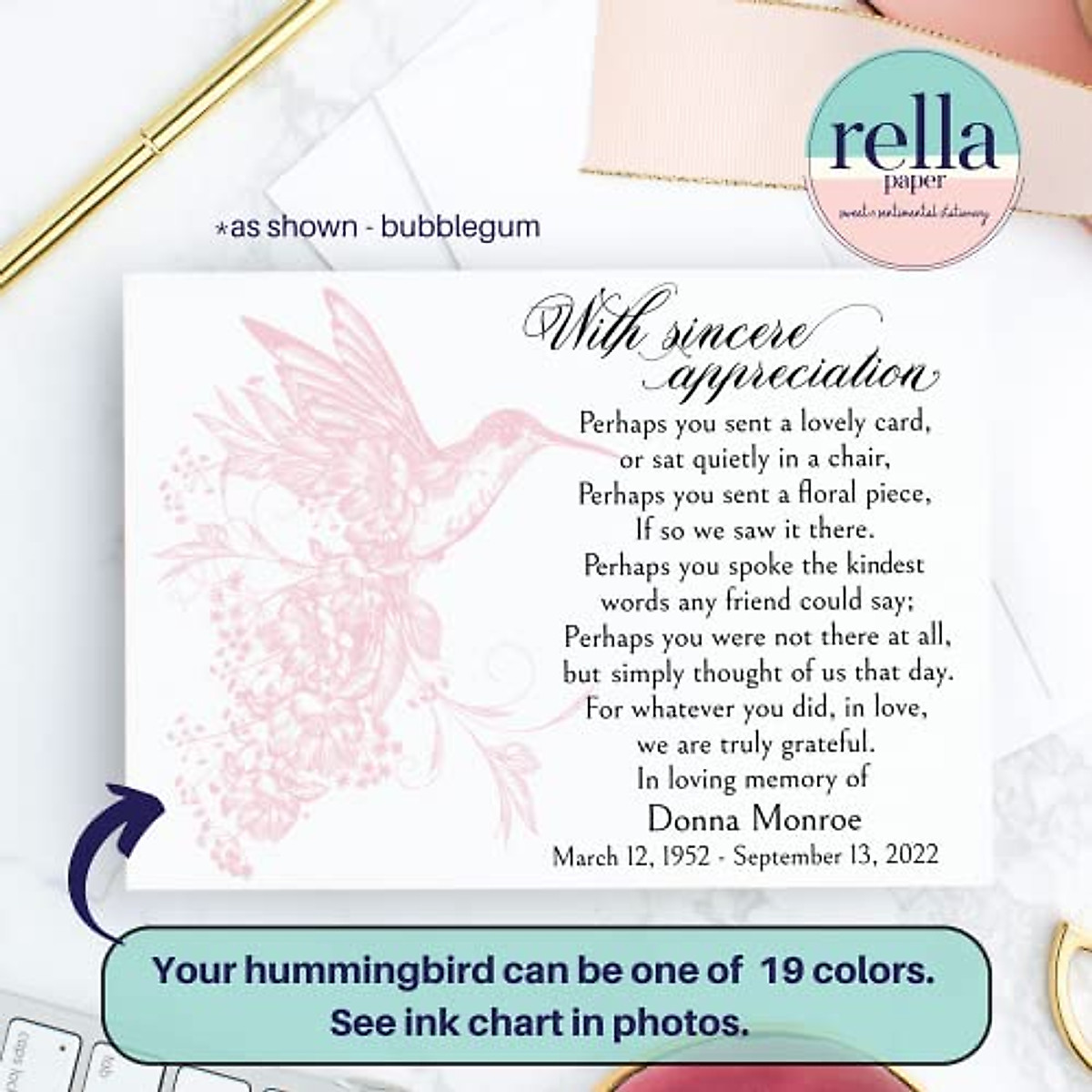 Hummingbird Personalized Sympathy Thank You Notes, Choose Your Quantity, Blue Thank You Cards Sympathy Acknowledgement with Hummingbirds, Bereavement Thank You Card with Envelopes, After Funeral Card