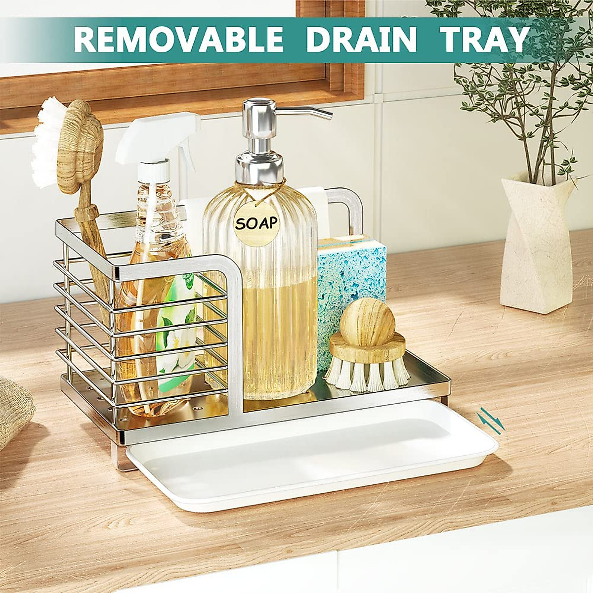 SUNESY Kitchen Sink Caddy for Holding Soap Dispensers & Sponge, Multifunctional Kitchen Sponge Holder with Removable Tray, Rustproof 304 Stainless Steel Kitchen Sink Organizer with Great Storage