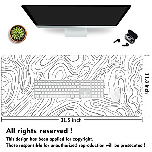 Topographic Gaming Mouse Pad, Extended XL Mousepad with Anti Slip Base, Large Desk Mat Keyboard and Mouse Minimalist Contour for Office 31.5 x 11.8 in