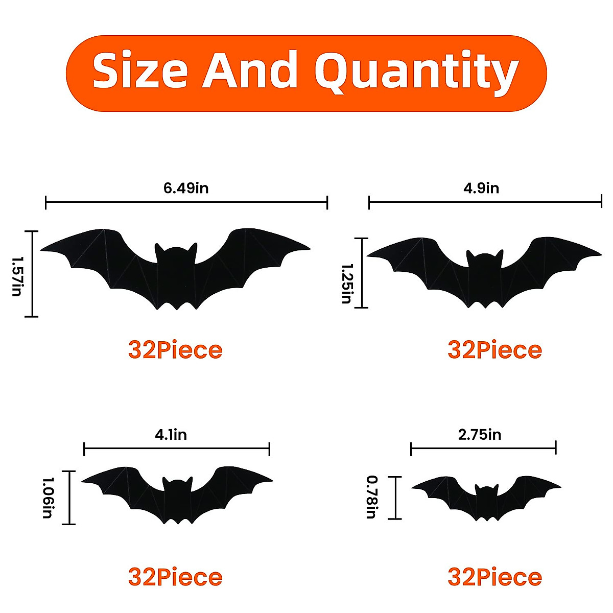 128PCS/4SIZE 3D Bats Sticker, Halloween Party Supplies Reusable Decorative Scary Wall Decal for Home Decor DIY Wall Decal Bathroom Indoor