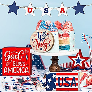 10 Pcs 4th of July Tiered Tray Decor Set Patriotic Tiered Tray Decor American Star Wood Signs Rustic Farmhouse Decor Red White Blue Signs Independence Day Decoration for Home Shelf (Fresh Style)