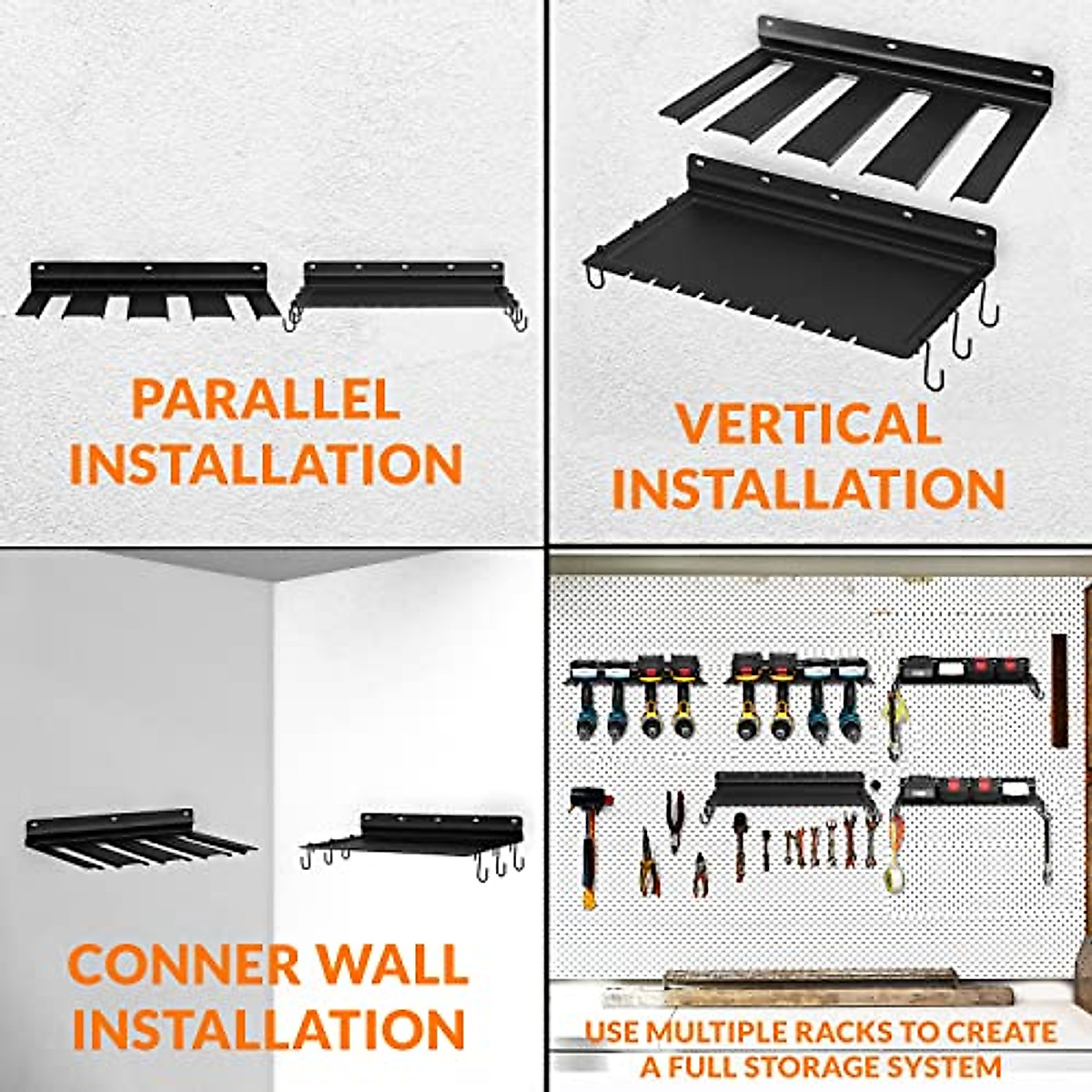 P-Aladin Power Tool Organizer, Drill Holder with 6 Hooks, Charging Station with Bit Storage Rack Shelf Wall Mount, Holds 4 Drills, Batteries, Tools for Garage, Home, Workshop, Shed