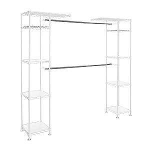 Seville Classics Closet Garment Organizer with Metal Hanging Rod Wardrobe Storage System, w/ Steel Shelves for Clothes, Shirts, Jackets, Coats, Blankets, Shoes, White, Expandable Rack