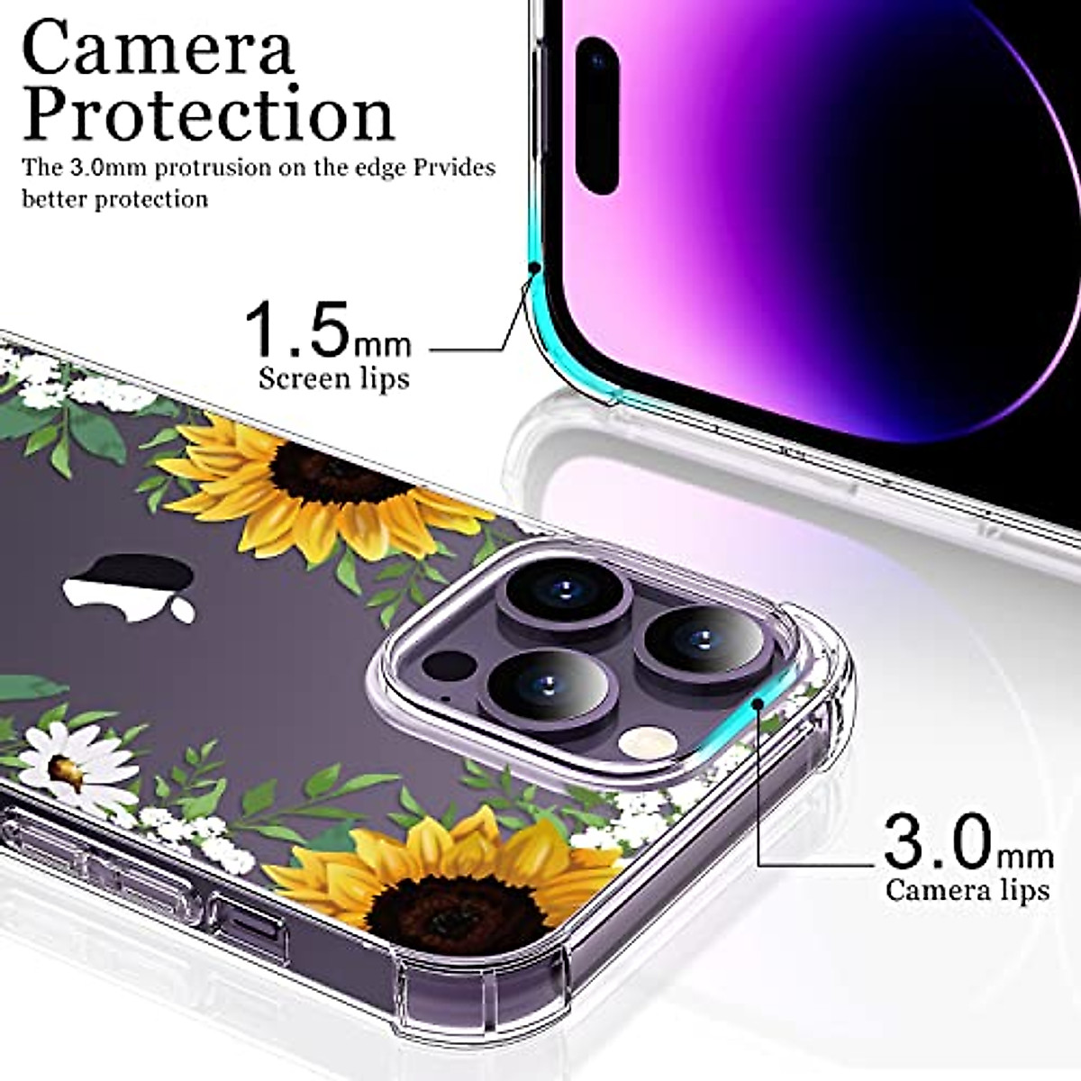 ZADORN Compatible with iPhone 14 Pro Max Case with Screen Protector and Camera Cover,Fashion Designs for Women Girls,Soft TPU Bumper Protective Trendy Phone Case for 6.7",White Floral Sunflowers