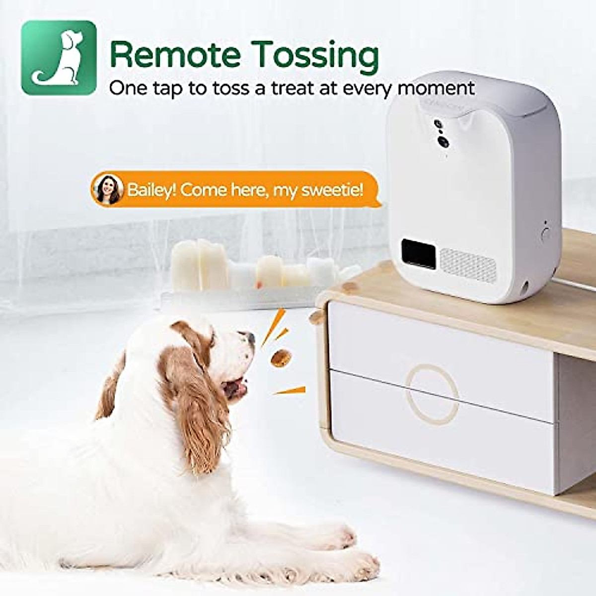 CENGCEN Pet Monitoring Camera Dog Treat Dispenser Two-Way Audio HD WiFi Dog Camera with 130° View, Remote Tossing App Compatible with Android/iOS, Supports Cloud Storage, Night Vision, Wall Mounted