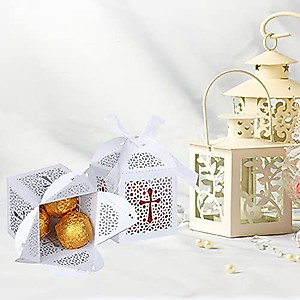 KPOSIYA 70 Pack Baptism Favor Boxes,Laser Cut Candy Boxes with Ribbons, Party Favor Small Gift Boxes for Baby Shower Baptism Decorations First Birthday Party Christening Favor (White-70)