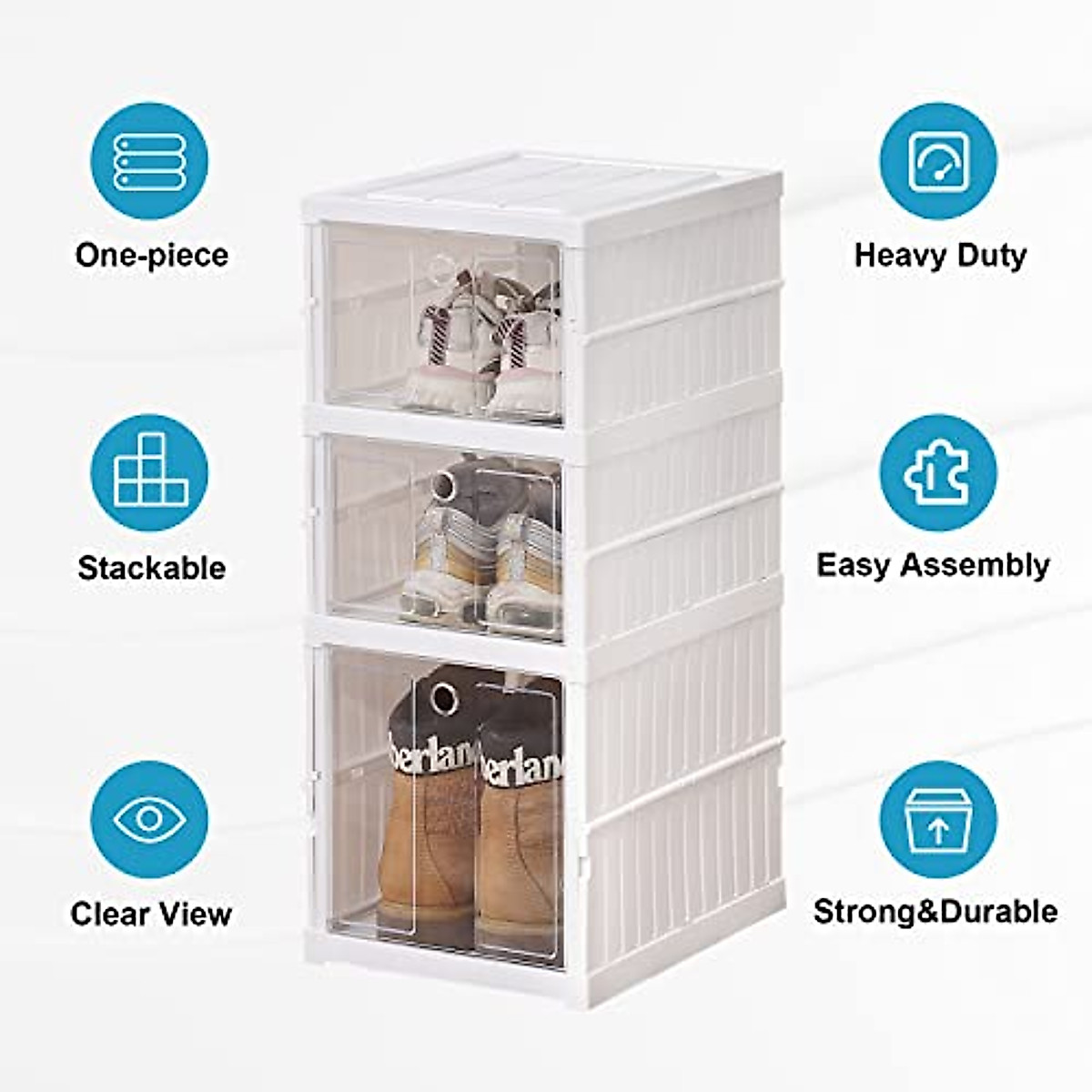 Foldable Shoe Storage Boxes - SYNCVIBE 3 Pack Shoe Storage Organizer with Clear Door Plastic Stackable Shoe Containers Bins with Lids for Closet Space Saving Foldable Sneaker Containers Bins Holders Hat Organizer (3 Pack, White)