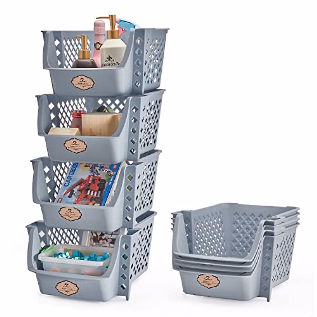 Titan Mall Stackable Storage Bins 4 Pack, Closet Organizer Plastic Bins for Fruit and Vegetable Basket for Pantry, Kitchen, Garage, Kids Room Toy Organizers and Storage Bins Gray (Made in America)