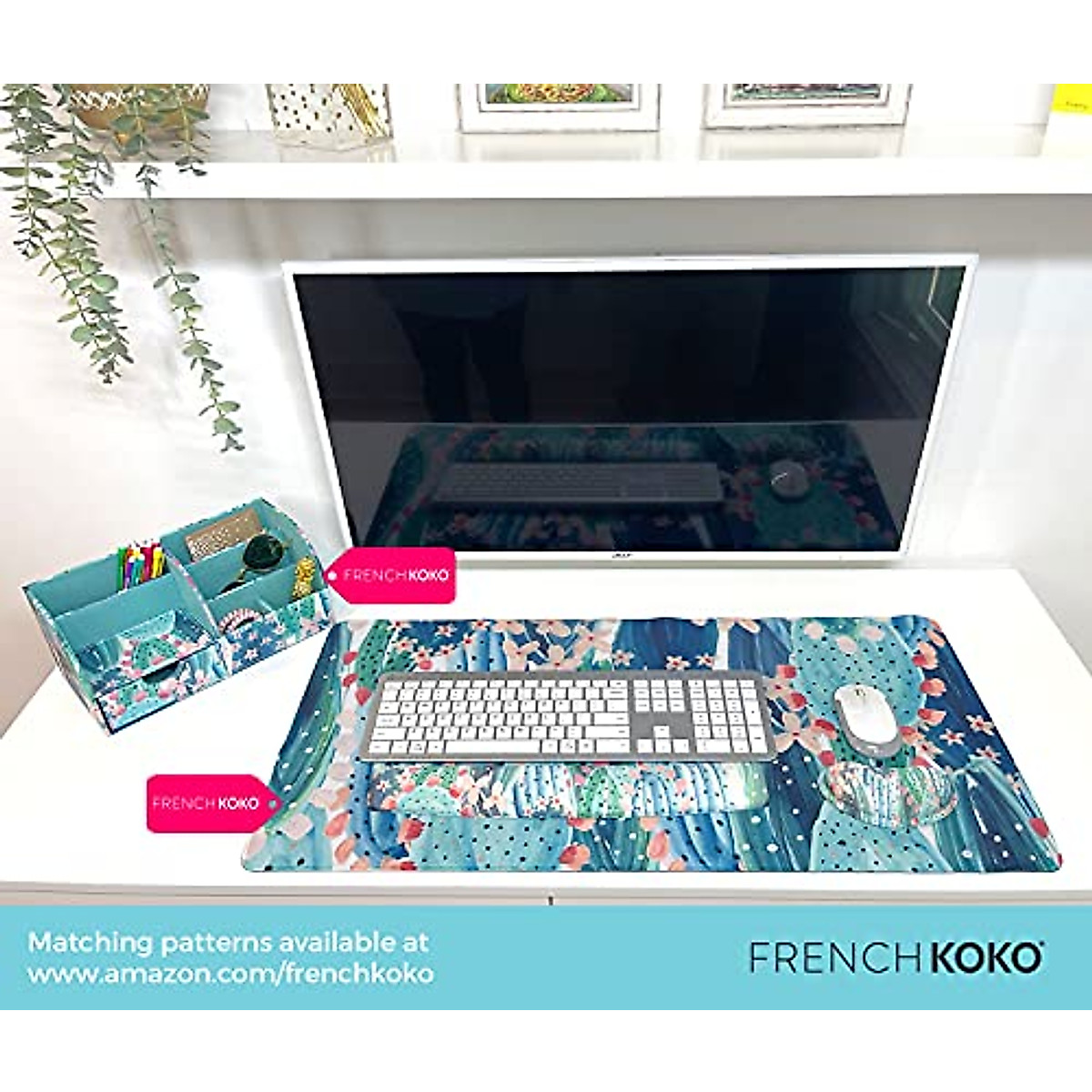 French Koko Large Mouse Pad Long Desk Mat Keyboard Pad Desktop Accessories Home School College Decor Supplies Pretty Extended Mousepad Big Office Essentials Women Girls XL Plant Pink Green Cute Cactus