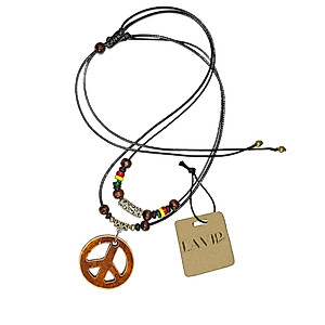 LAVIP Leather Peace Sign Pendant Double Layers Peace Symbol Brown Pendant Necklace Coconut wood Beads