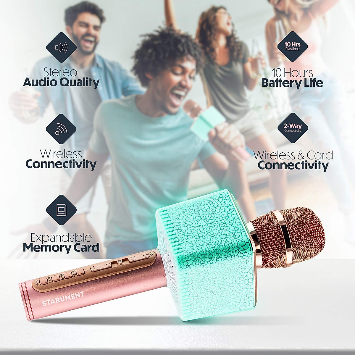 STARUMENT 3 in 1 Wireless Bluetooth Karaoke Microphone with LED Lights, Black Portable Microphone for Kids, Girls and Boys (Rose Gold)