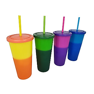 Essential Drinkware 24oz Instant Color Changing Cups Set of 4 Reusable Plastic Tumblers with Screw on Lids and Color Straws