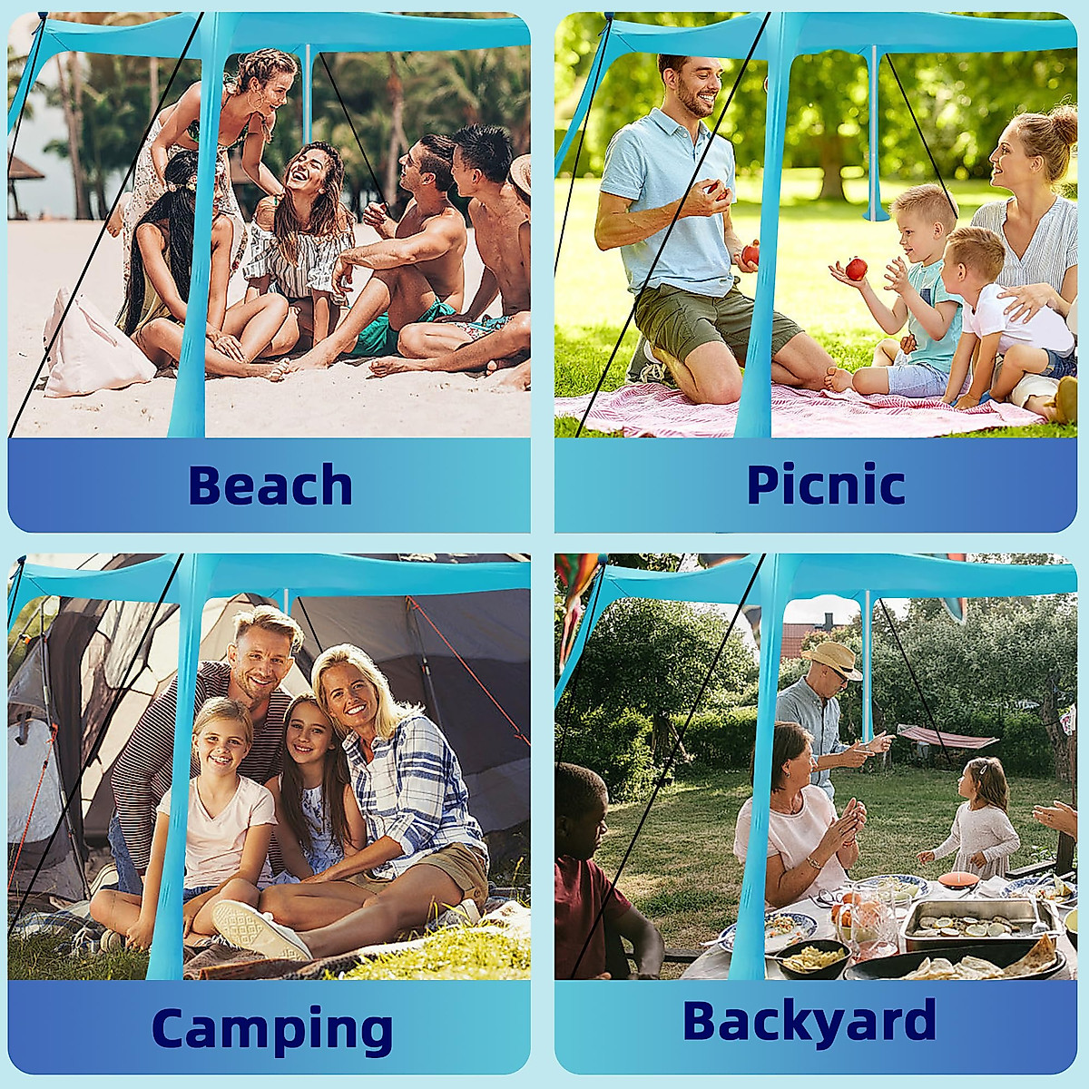 BOTINDO Family Beach Tent Canopy Sun Shade, Pop Up Grande Beach Tent Sun Shelter Stability 4 Poles with Portable Carry Bag Outdoor Shade for Beach Fishing Backyard Camping Picnics