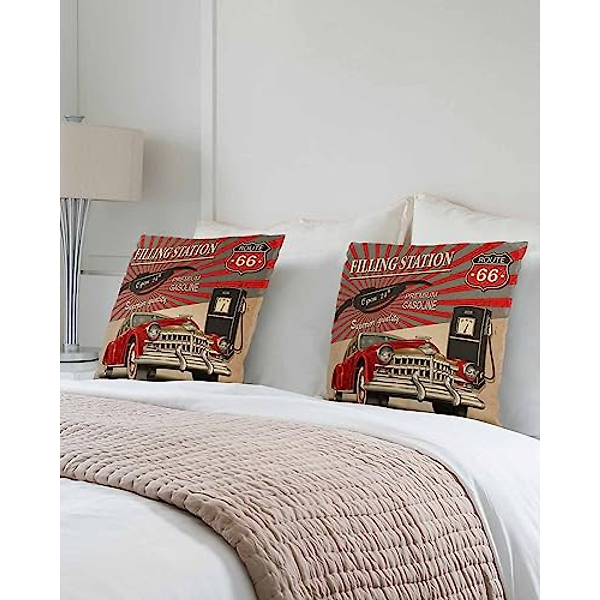 Set of 2 Throw Pillow Covers Square Pillow Case Retro Filling Station Car Posters Cotton Linen Cushion Case Pillowcase for Sofa Couch Bed, Living Room Bedroom Decorative, 18 x 18 Inches