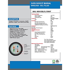 Vertical Cable Cat6 Shielded Direct Burial Outdoor Cable, Gel Filled - 1000ft