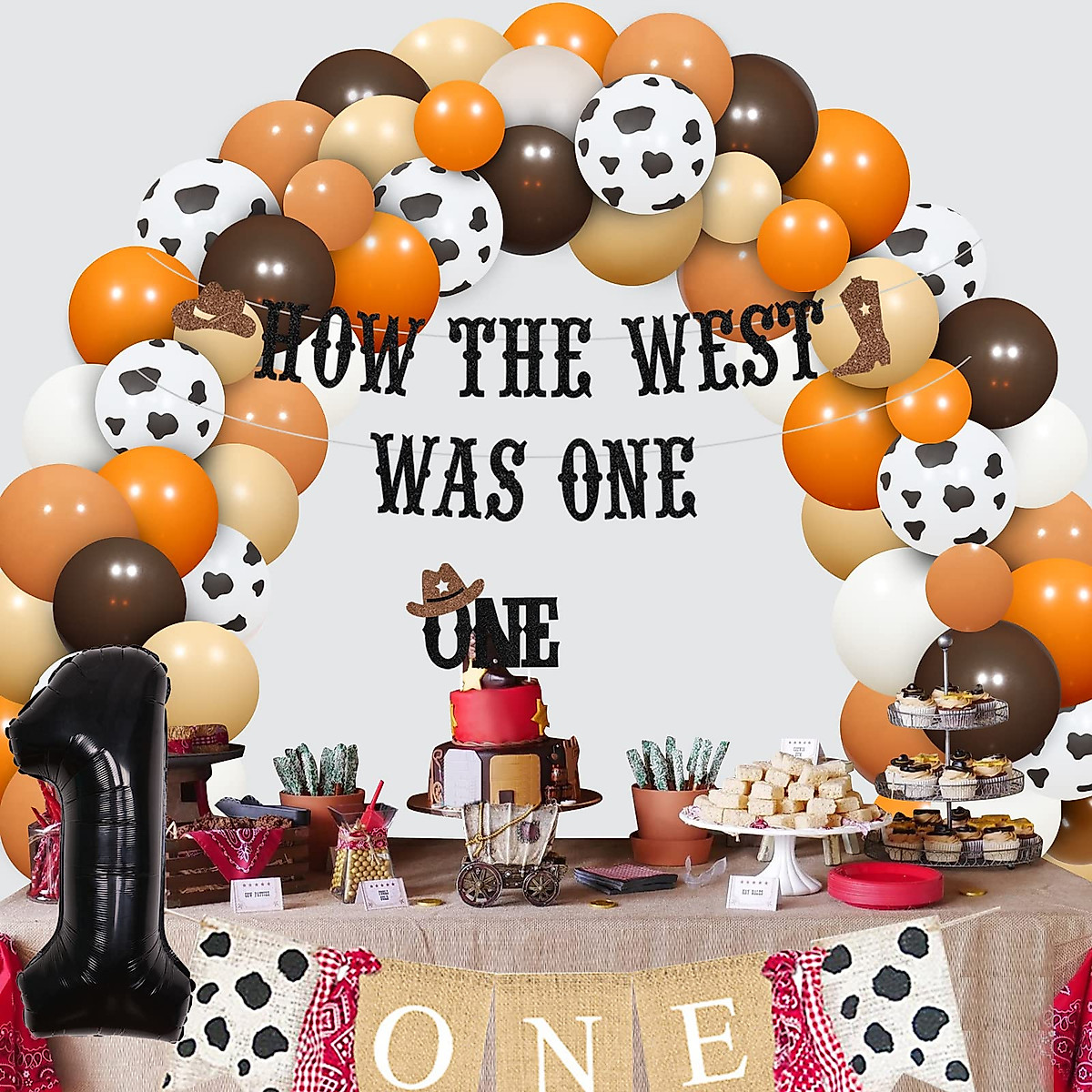 How The West Was One Birthday Decorations, Cowboy First Birthday Decorations, Balloon Arch, Black Number 1 Balloon, How The West Was One Birthday Banner, One High Chair Banner, Cake Topper