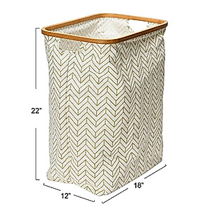 Household Essentials Bamboo Rimmed Rectangle Krush Hamper with Cutout Handles, Tan Chevron
