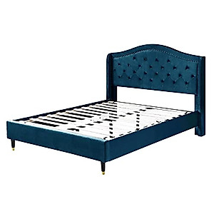 Morden Fort Blue Velvet Bed Frame Wood Platform, Upholstered Platform Bed with 51” Headboard, Heavy Duty Bed Frame with Wood Slat Support, No Box Spring Required, Easy Assembly, California King