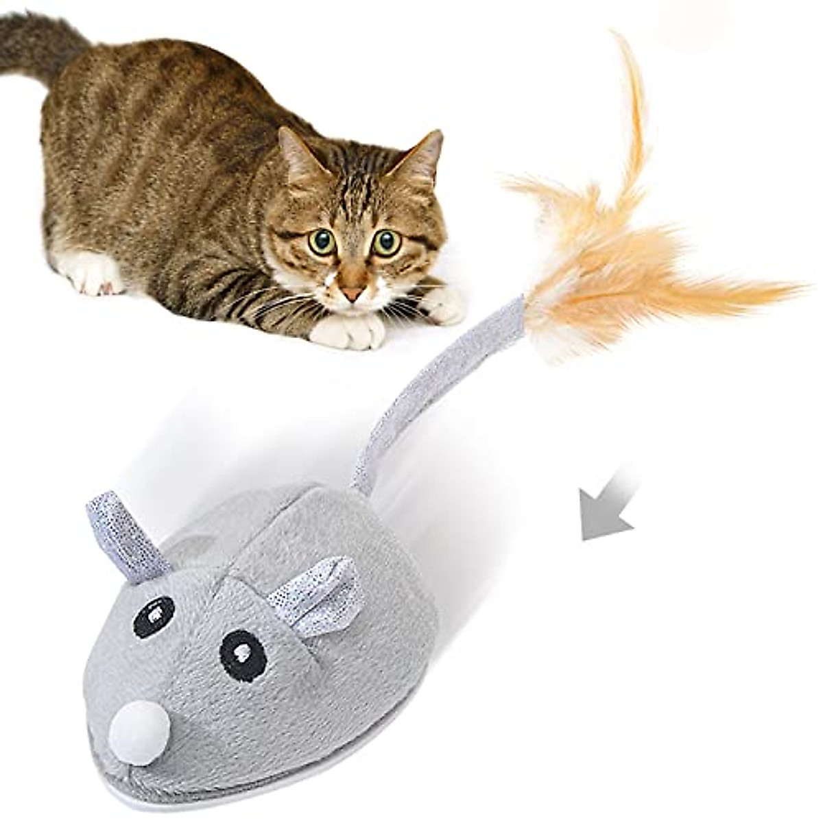 Interactive Cat Mouse Toy, Automatic Cat Toys with Feather Tail, Realistic Mouse Cat Toy Simulates Kitten Toys Self Play, Cat Toys Pet Exercise Toys with USB Charging