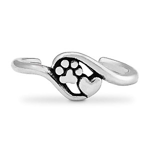 Dazzling Paws Jewelry Paw Print and Heart Toe Ring Sterling Silver Close To My Heart Adjustable Ring Gift for Pet Owners