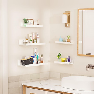 Upsimples Home Floating Shelves for Wall Decor Storage, Wall Shelves Set of 5, Wall Mounted Wood Shelves for Bedroom, Living Room, Bathroom, Kitchen, Small Picture Ledge Shelves, White