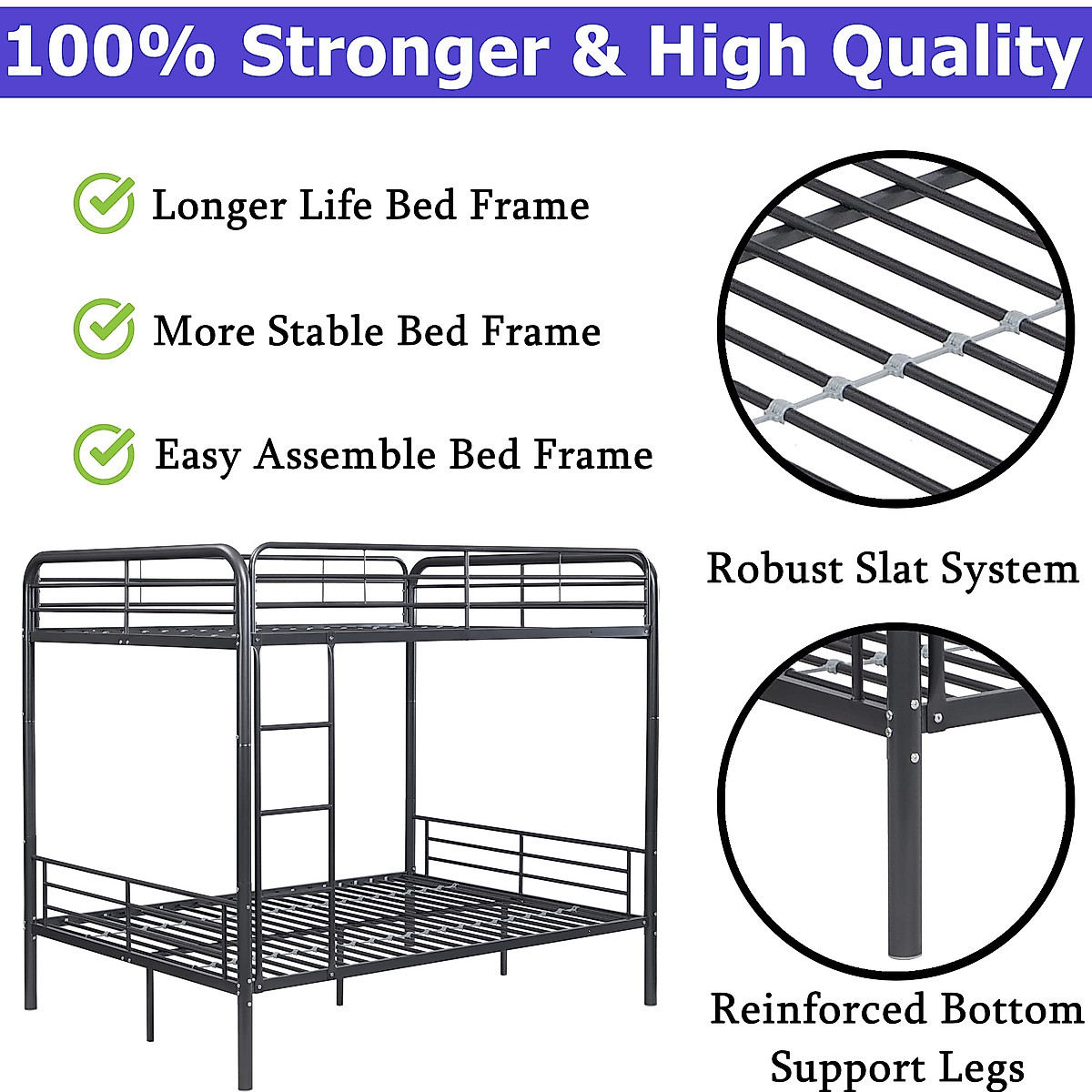 FUSVZ Heavy-Duty Full Over Full Bunk Beds for Adults, Modern Style Bunk Bed Full Over Full Size Frame with Ladders for Kids Boys Girls Teens Adults, Weight Capacity 500LBS, Easy to assemble (Gunmetal)
