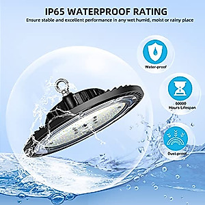 Super Bright UFO LED High Bay Light 150W 22500LM (150LM/W) for Shop/Garage/Barn/Warehouse/Factory/Gym, Daylight White 6000K-6500K, Alternative to 300W MH/HPS, 40in Cable, Safe Rope, IP65 (watts, 150)