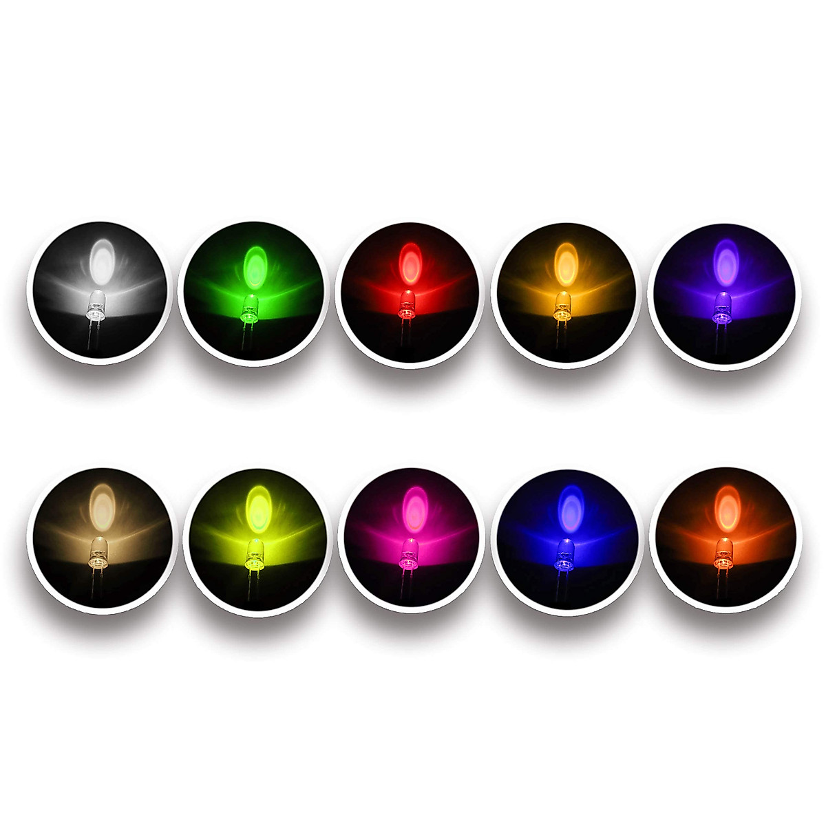 BOJACK 10 Colors 200 Pcs 5mm LED Diode Lights Assored Kit Pack (Transparent DC 2V - 3.2V 20mA) Bright Lighting Bulb Lamps Electronics Components 5 mm Light Emitting Diodes Parts