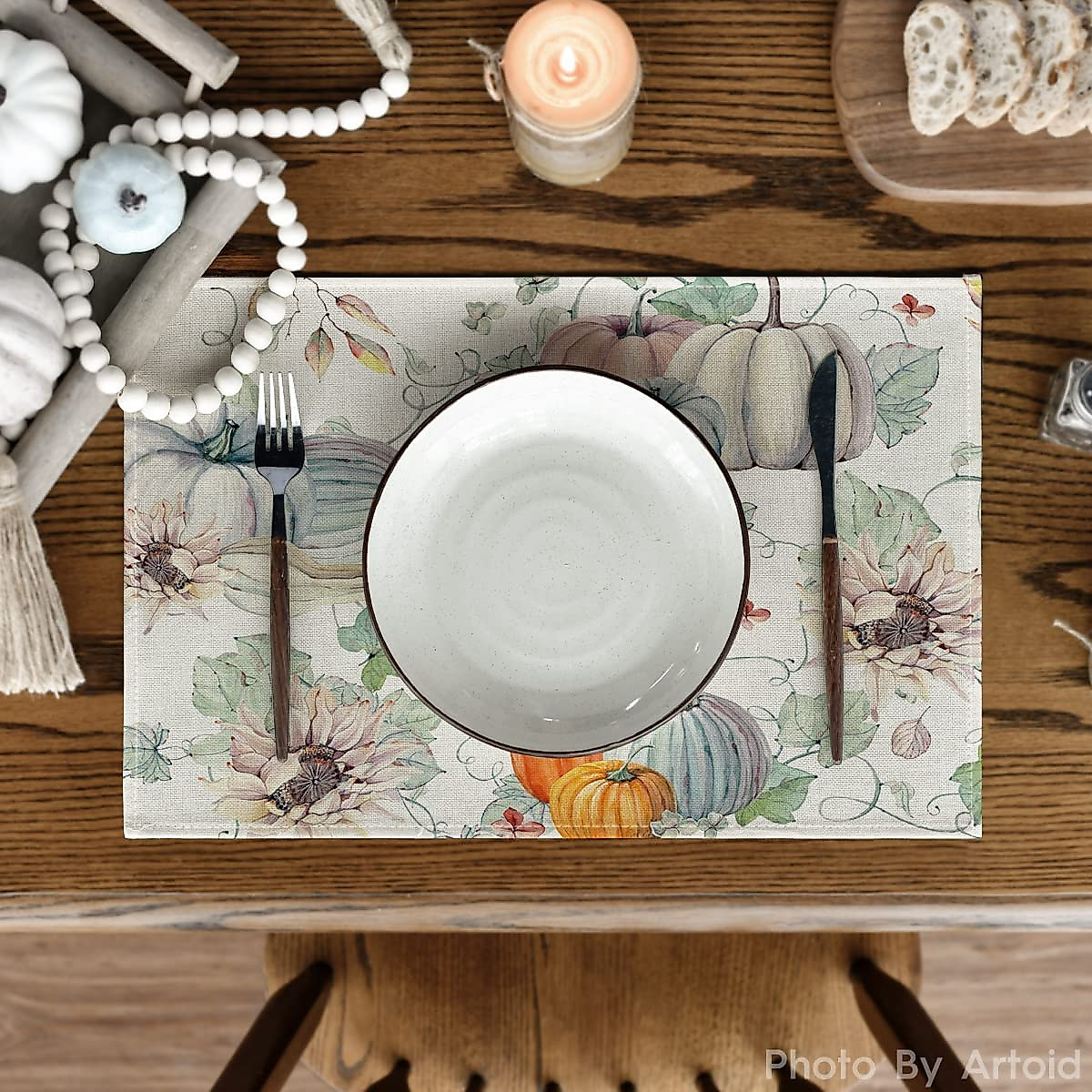 Artoid Mode Pumpkins Leaves Floral Fall Placemats Set of 4, 12x18 Inch Seasonal Autumn Thanksgiving Table Mats for Party Kitchen Dining Decoration