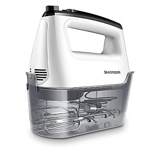 SHARDOR Hand Mixer Electric1.0, 6 Speed & Turbo Handheld Mixer with 5 Stainless Steel Accessories, For Whipping, Mixing Cookies, Brownie, Cakes, Dough Batters, Snap-On Storage Case, White