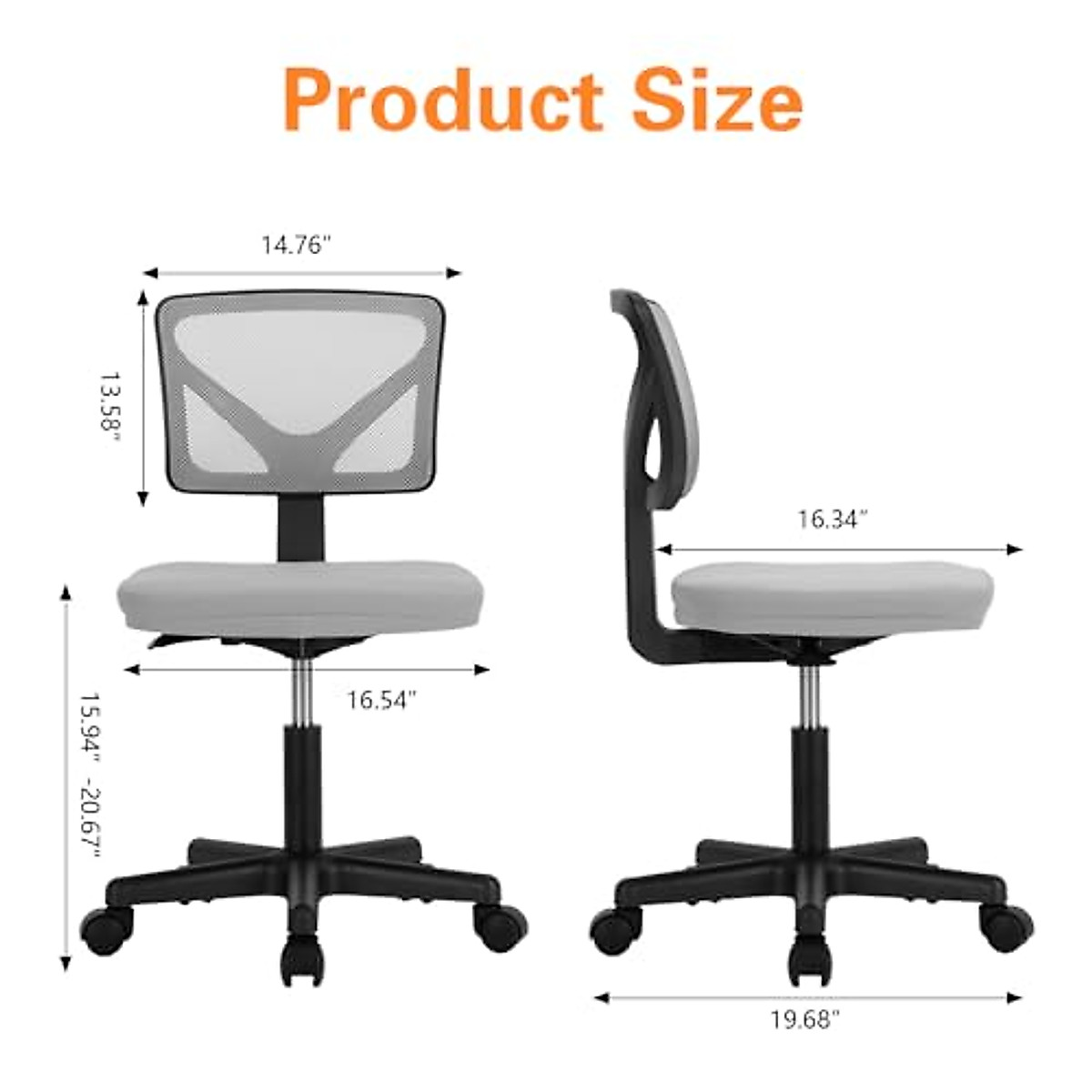 NEWBULIG Ergonomic Armless Home Office Desk Chair with Lumbar Support for Space Swivel 360° Wheels Adjustable Lever Rolling for Tiny Apartment,Conference Room, Grey