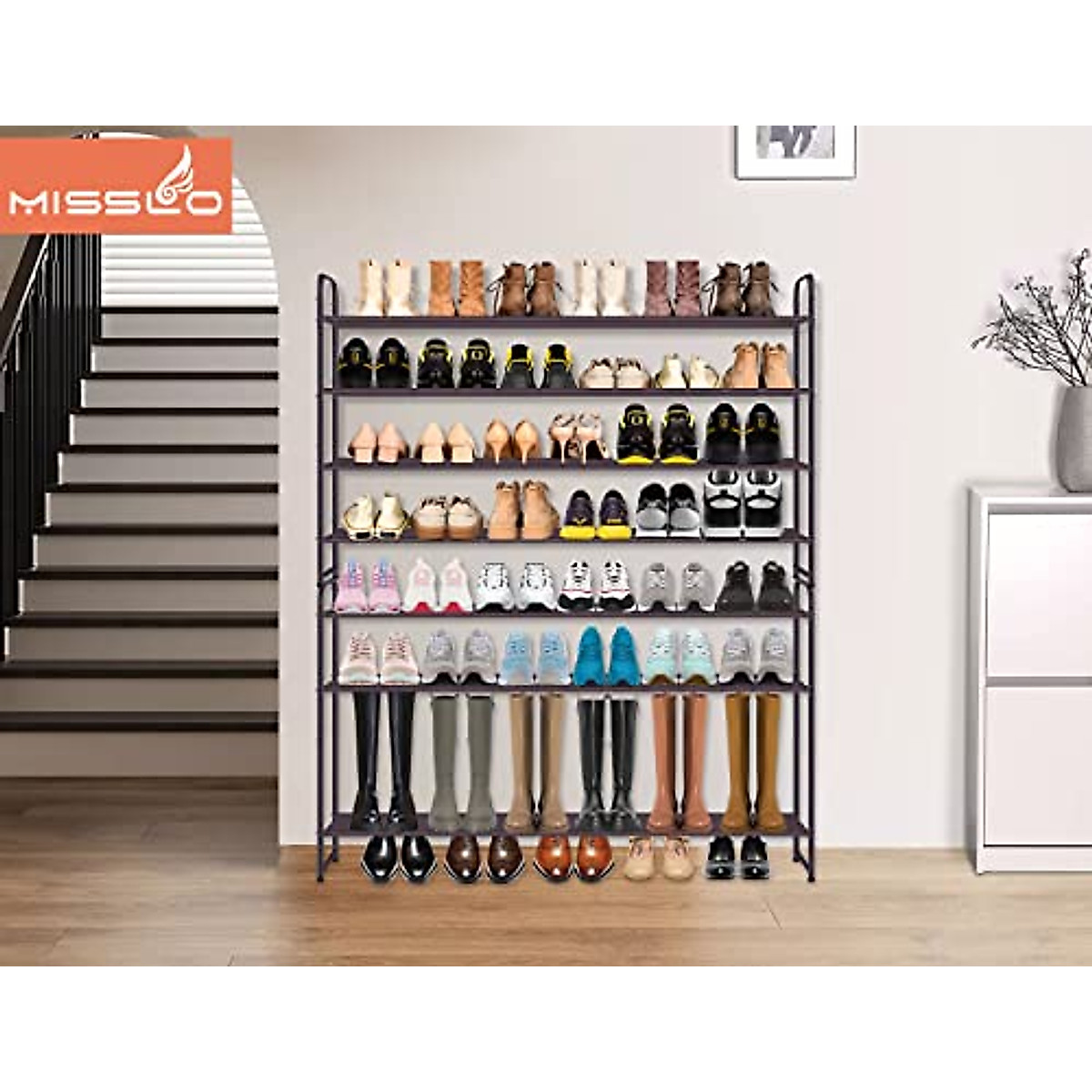MISSLO 2 Tier Long Shoe Rack for Closet and 4 Tier Long Shoe Organizer for Closet Shoe Organizer Holds Wide Low Stackable Shoe Storage Shelf for Bedroom Floor, Men Boots, Women Heels, Kids Sneakers