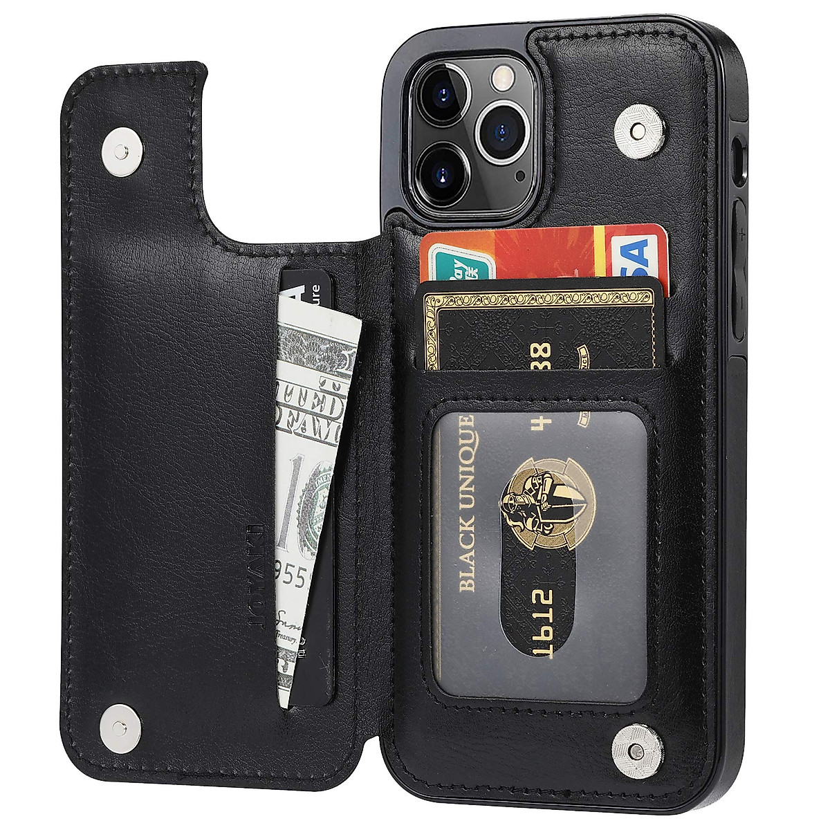 JOYAKI Wallet Case Compatible with iPhone 12 Pro/12,Slim Protective case with Card Holder,Premium PU Leather Kickstand Card Slots Case with 1 Protective Glass for iPhone 12pro/12(6.1") -Black