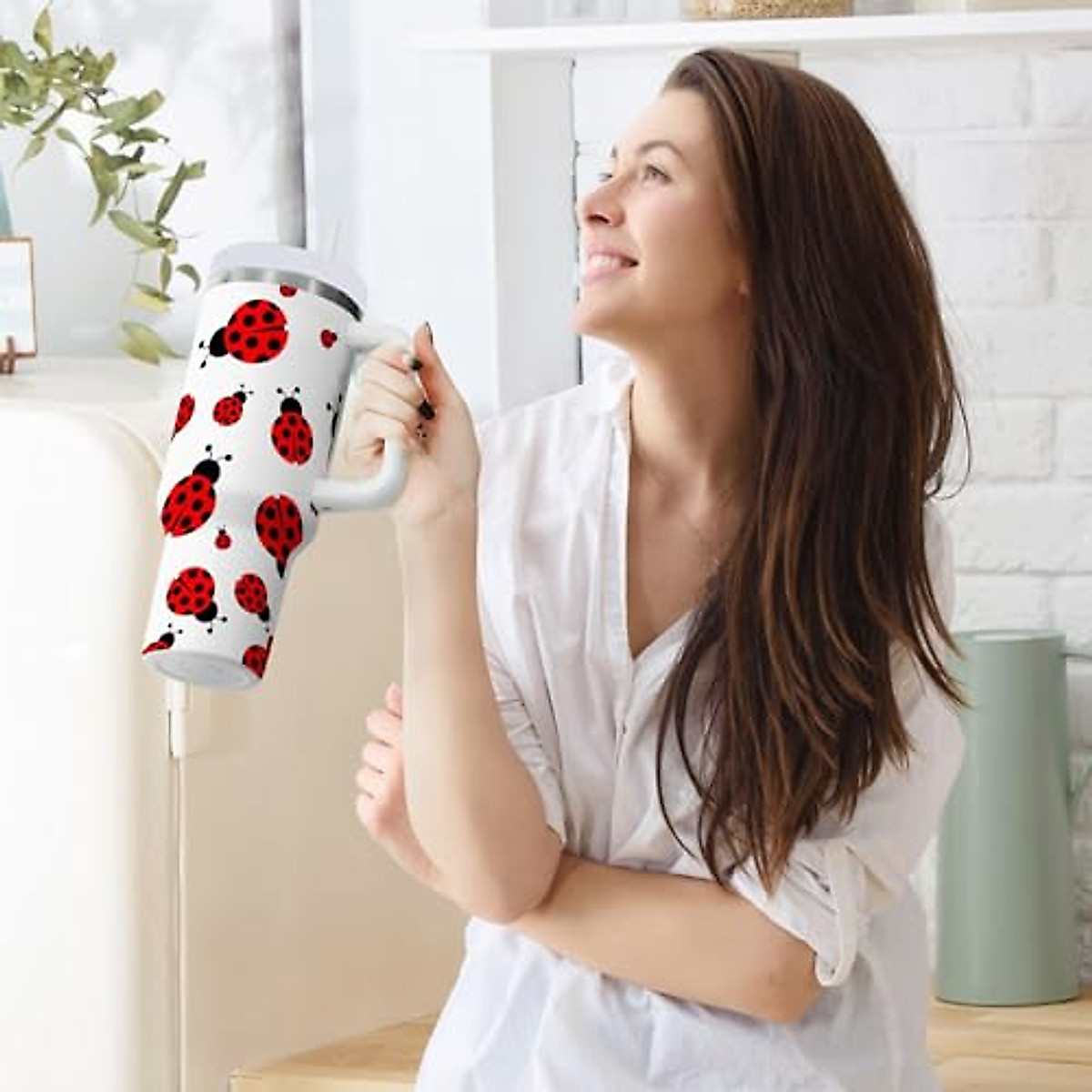 ARGTILDN 40 oz Tumbler Cute Red Ladybugs Insulated Travel Mug with Handle and Straw Lid Stainless Steel Vacuum Coffee Cup Tea Beverage Container Water Bottles for Car Sports office