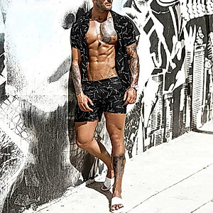 Men's Flower Shirt Summer 2-Piece Beach Hawaiian Sets Casual Button Down Short Sleeve Shirt Shorts Outfit Suits Black