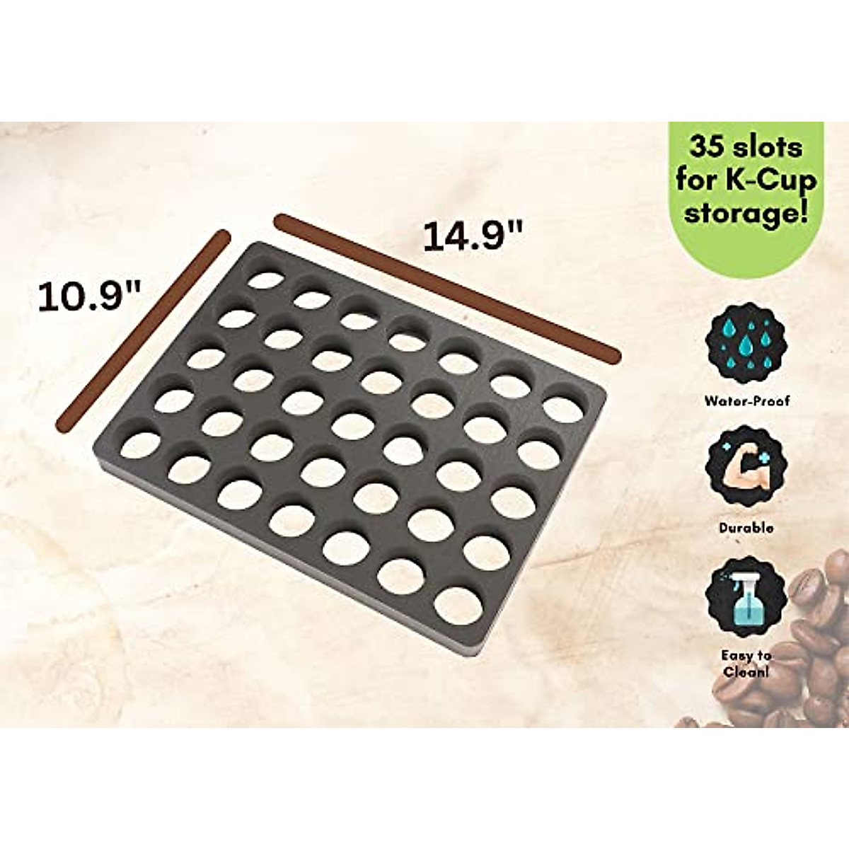 Polar Whale Coffee Pod Storage Organizer Tray Drawer Insert for Kitchen Home Office Waterproof 10.9 x 14.9 Inches 35 Slots Compatible with Keurig K-Cup Durable Dark Gray Foam Made In The USA