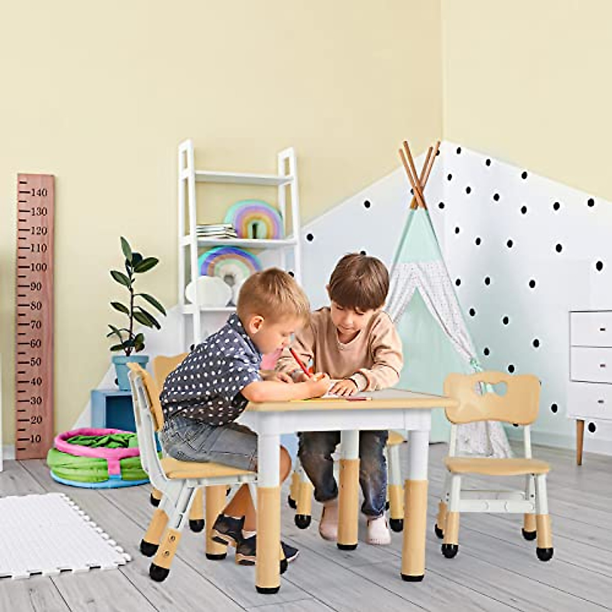 AuAg Kids Table and 4 Chairs Set, Height Adjustable Toddler Study Table and Chair Set for Age 2-10, Multi-Activity Art Table W/Graffiti&Scrubtable Desktop, for Daycare, Classroom, Home (Natural)