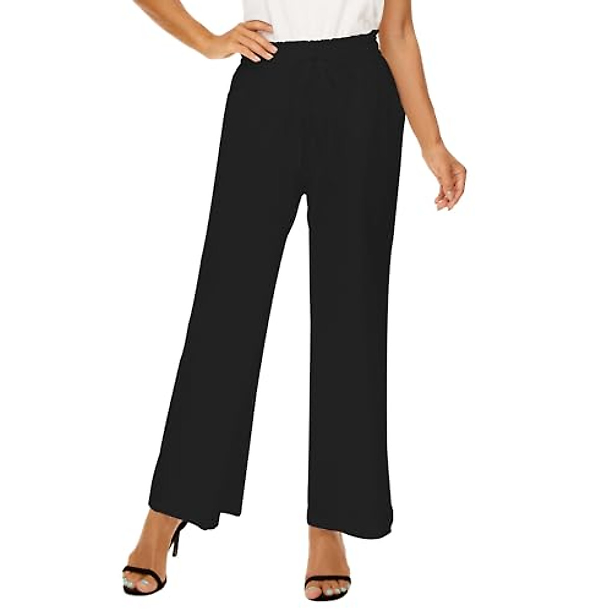 LNX Linen Pants for Women High Waisted Wide Leg Drawstring Casual Loose Pants with Pockets Black
