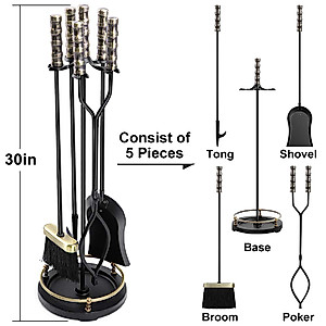 AMAGABELI GARDEN & HOME 30in Fireplace Tools Set Brass Handle 5Pieces Wrought Iron Indoor Fireset Stand Wood Log Holder Hearth Accessories Kit Antique Fire Tongs Shovel Brush Chimney Poker Tool Set