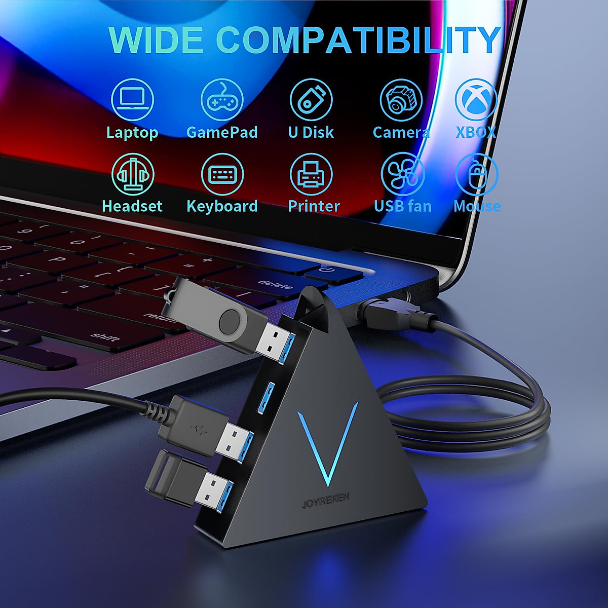 JoyReken 4-Port USB 3.0 Hub, FlyingVHUB USB Hub Tower with 2 ft Extended Cable,USB Splitter for Laptop,PC,PS4,PS5,Xbox,Mouse,Keyboard, Flash Drive, U-Disk (Black)