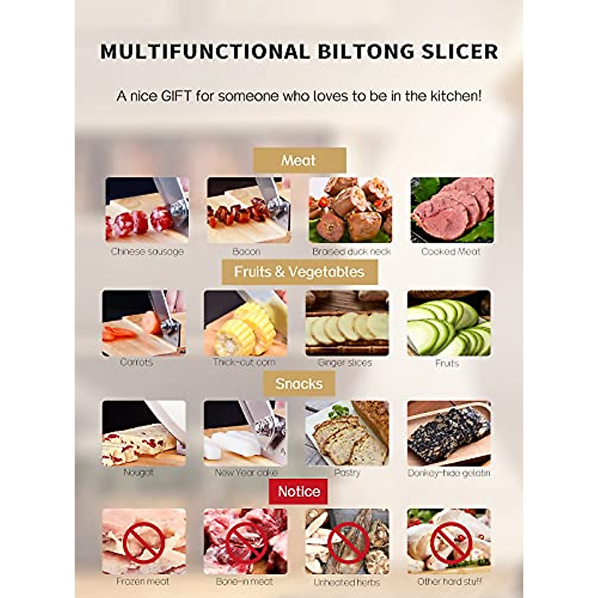 Moongiantgo Biltong Slicer Beef Jerky Cutter with Built-in Knife Sharpener Manual Meat Slicer Rubber Wood Base for Deli Bacon Ham Sausage Fruits Vegetables Herb Ginseng Pastry