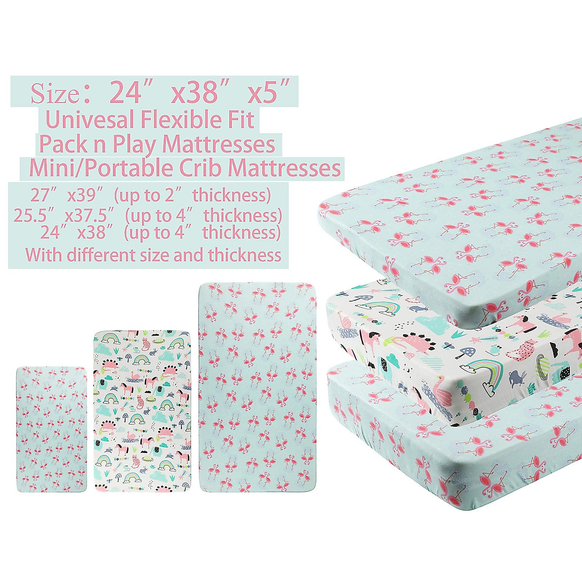 Tontukatu Pack n Play Stretchy Fitted Playard Sheet Set 2 Pack Jersey Knit Ultra Soft for Baby Girl Portable Mini Crib Sheets,Convertible Playard Mattress Cover,Flamingo Elephant Horse Lt Green Pink