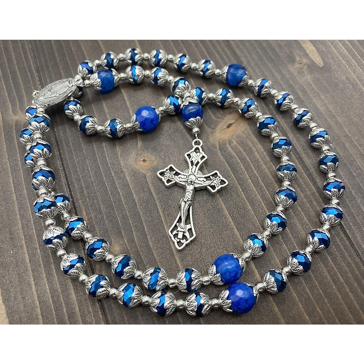 Nazareth Store Deep Blue Crystal Beads Rosary Blue Agate Glory Stone Beaded Necklace Miraculous Medal & Cross Crucifix Religious Rosaries Collection