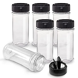 RoyalHouse 6 Pack 5.5 Oz Plastic Spice Jars with Black Cap, Clear and Safe Plastic Bottle Containers with Shaker Lids for Storing Spice, Herbs and Seasoning Powders, BPA Free, Made in USA