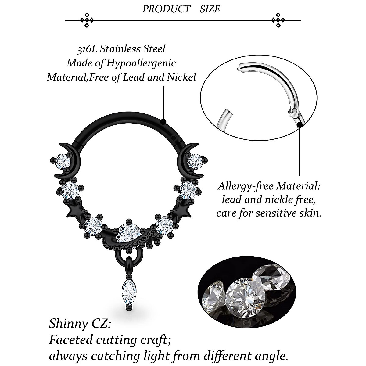 Vsnnsns 16G Septum Rings Piercing Jewelry Septum Jewelry CZ Clicker Ring Stainless Steel Septum Hinged Segment Nose Rings Hoop Piercing Jewelry for Men Women 10mm 5pcs Black