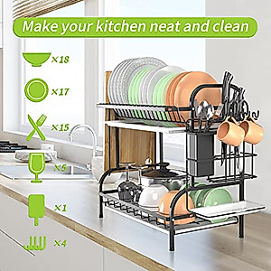 Boiarc Dish Drying Rack, 2 Tier Dish Rack for Kitchen Counter with Drainboard and Utensil Holder, Large Dish Drainer for Small Kitchen - Black